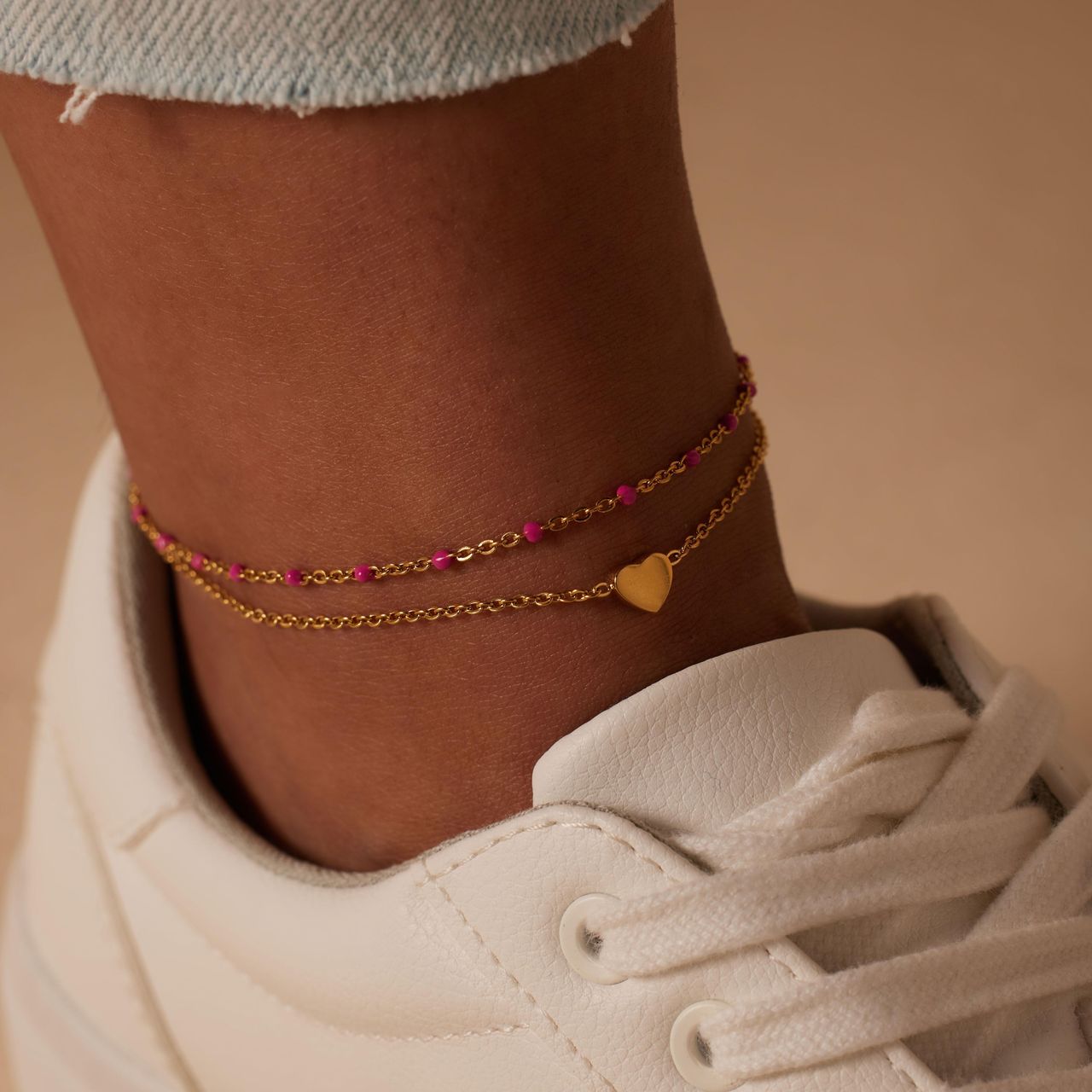 Dubbele goldplated stalen enkelbandje met hartje | Lucardi-BE